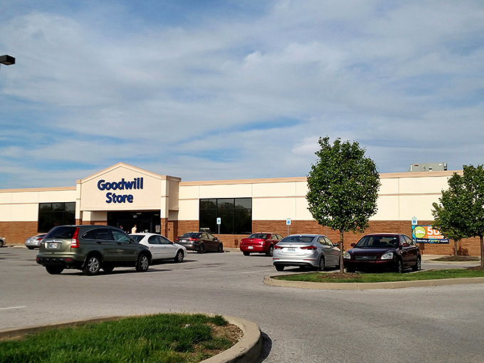 Blue skies match the blue Goodwill sign at this Lafayette location. The spacious parking lot hints at the expansive shopping space within.