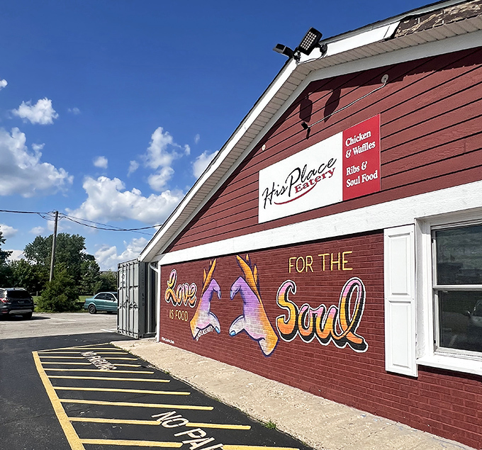 The side view of His Place Eatery showcases their colorful soul food pride. When a restaurant boldly proclaims "For the Soul" on its wall, you know they mean business.