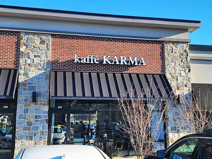 Winter greenery frames Kaffe Karma's entrance, promising a warm welcome regardless of the temperature outside.