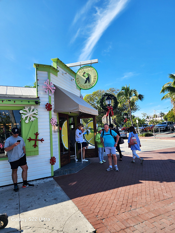 Holiday decorations add festive cheer to this key lime headquarters where tourists line up for that famous pie.