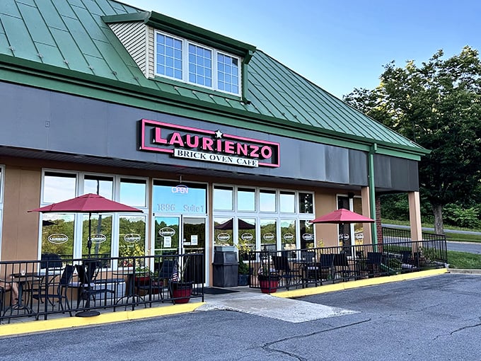 Laurienzo's outdoor seating area invites you to enjoy pizza al fresco. That green roof adds a touch of charm to this Clarksburg favorite.