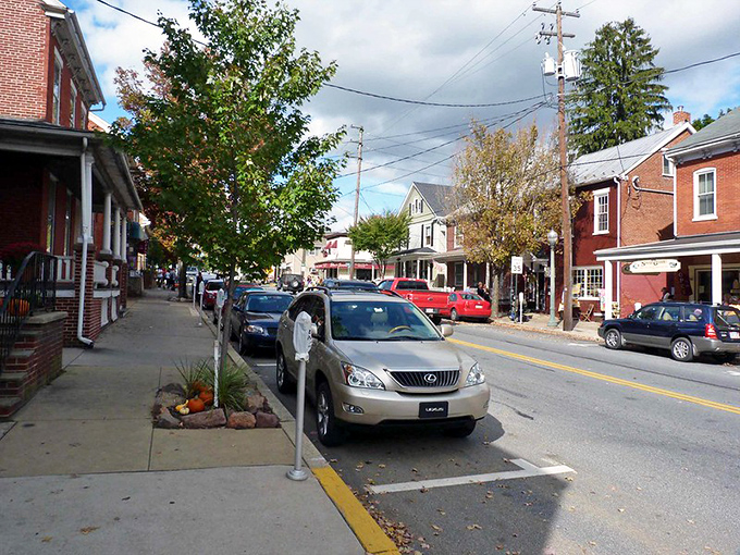 A street scene that whispers "slow down and stay awhile" with every historic storefront and hanging flower basket.