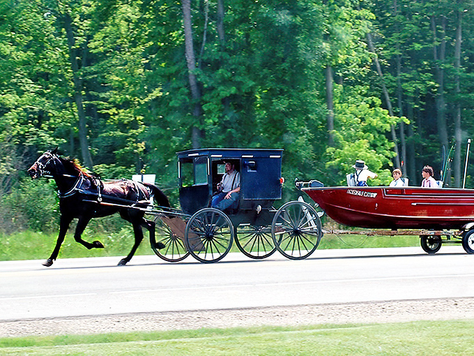 Only in Amish country will you see a horse pulling a boat&mdash;proof that innovation doesn't always need electricity!