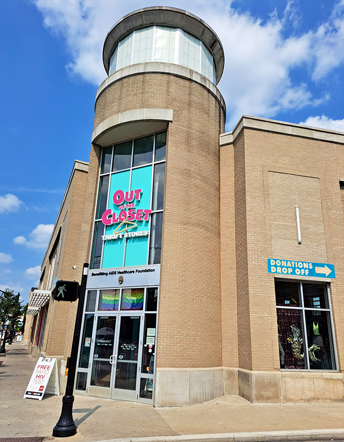 Sunlight bathes Out of the Closet's distinctive curved entrance &ndash; a modern beacon of both style and substance in Columbus.