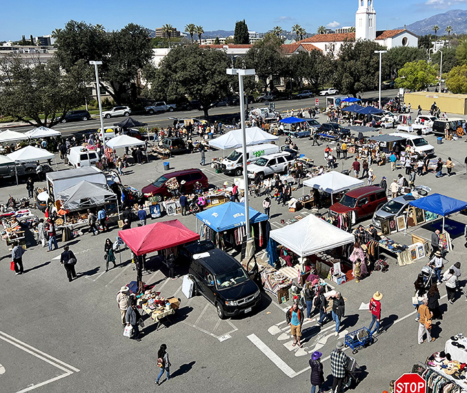 Bird's eye view of Pasadena's favorite Sunday activity. Cars and canopies create a temporary city of treasures.