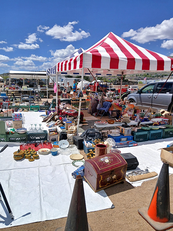 Tent city of treasures! Prescott Valley's market brings together artisans and bargain hunters under a canopy of possibilities and Arizona's famous blue sky.