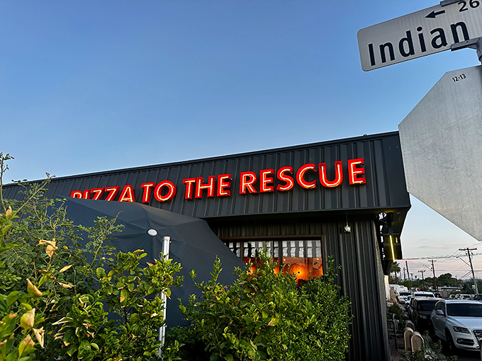 Modern, sleek, and ready to save your dinner plans &ndash; Pizza To The Rescue stands out like a superhero headquarters.