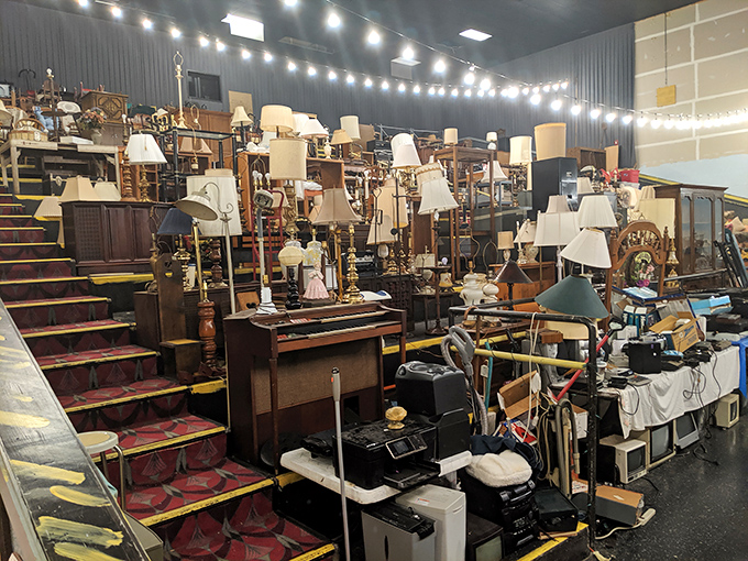 Treasure hunting under timber beams. Rossi's indoor section offers climate-controlled antiquing where every shelf holds potential discoveries.