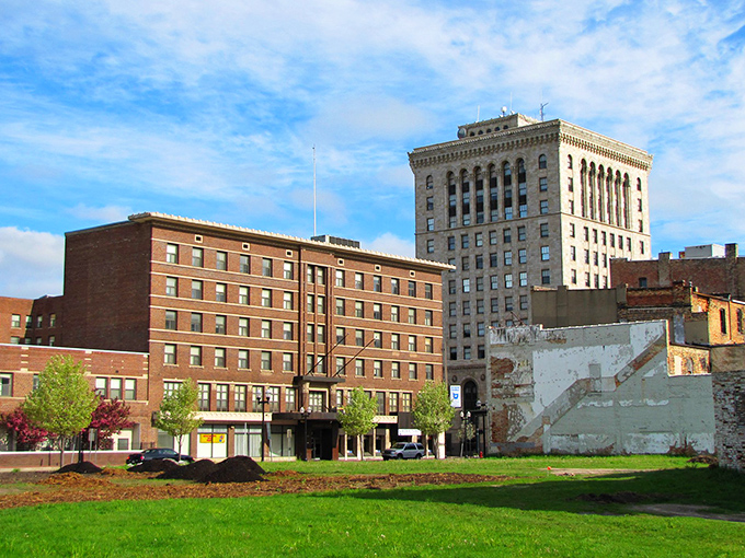 Classic brick and stone architecture anchors downtown Saginaw, where open spaces hint at the city&rsquo;s blend of history and renewal.