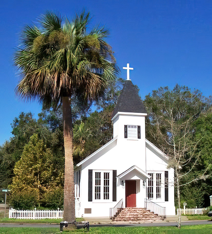 This quaint white chapel stands sentinel in St. Marys, where Spanish moss and sunshine create postcard moments at every turn.