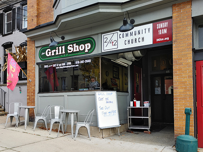 That whiteboard outside The Grill Shop isn't just a menu &ndash; it's a love letter to hungry passersby saying "Eat Out or Take Home" &ndash; both excellent life choices.