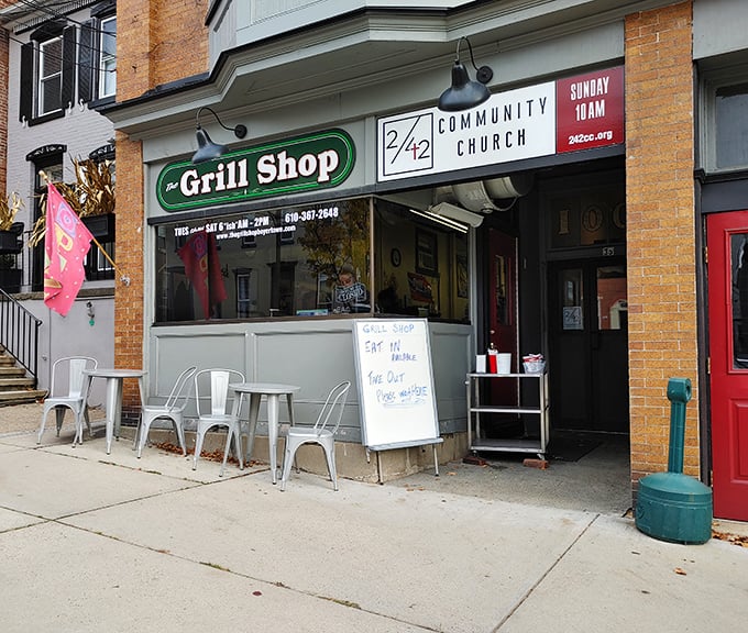 A simple sign, a red door, and hot dogs that make you forget everything else. The Grill Shoppe knows its priorities.