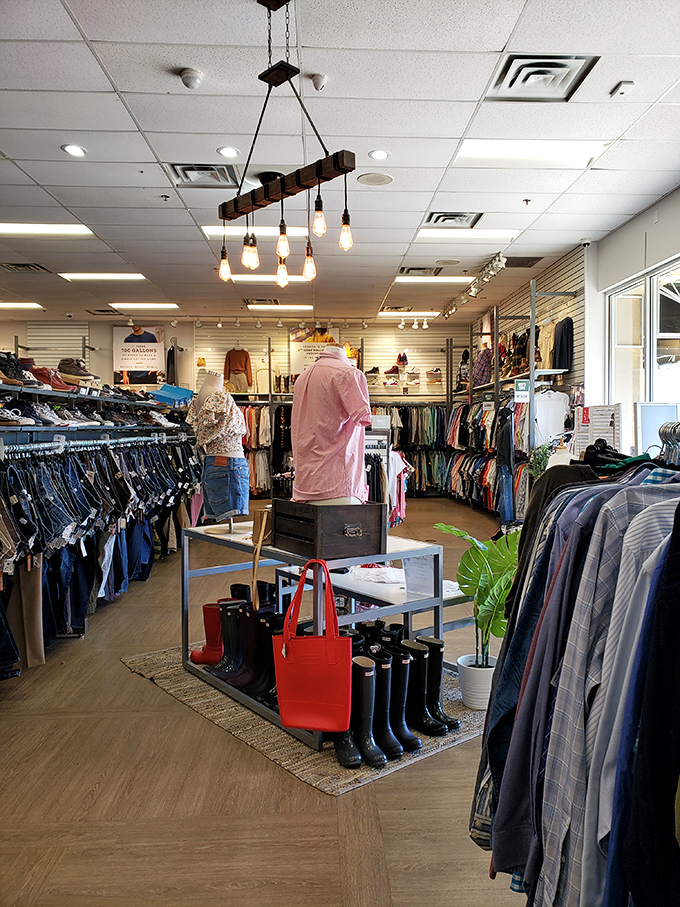 Modern lighting and thoughtful displays make Uptown Cheapskate feel more boutique than secondhand shop.