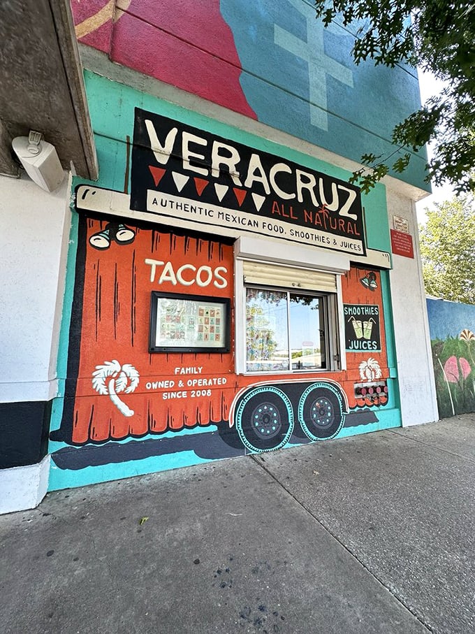 The painted food truck mural on Veracruz's wall is a charming nod to their humble beginnings. Meta taco art for serious taco lovers!