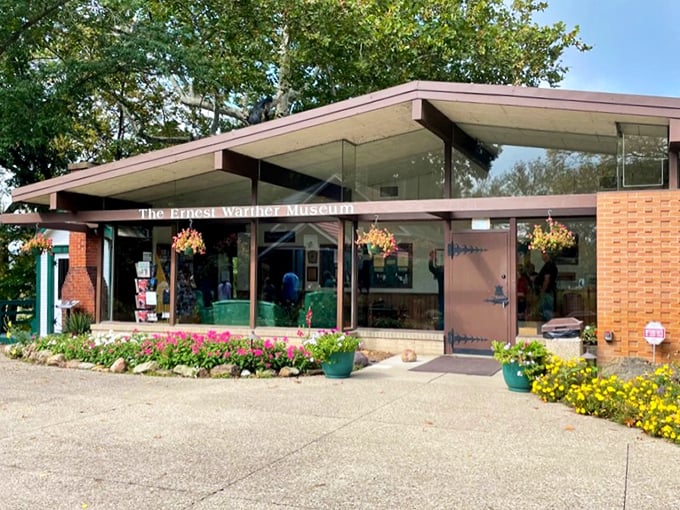 The modern Warther Museum entrance welcomes visitors to a world of incredible hand-carved creations. Whittling elevated to fine art!