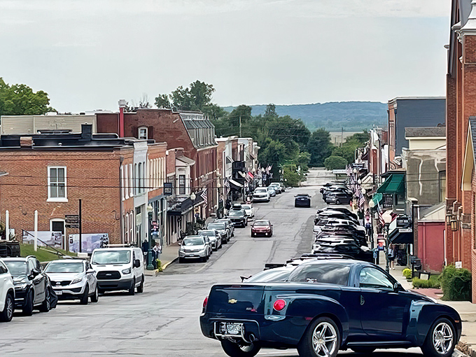 Red brick buildings house treasures from riverboat days when this Missouri town bustled with frontier commerce. 