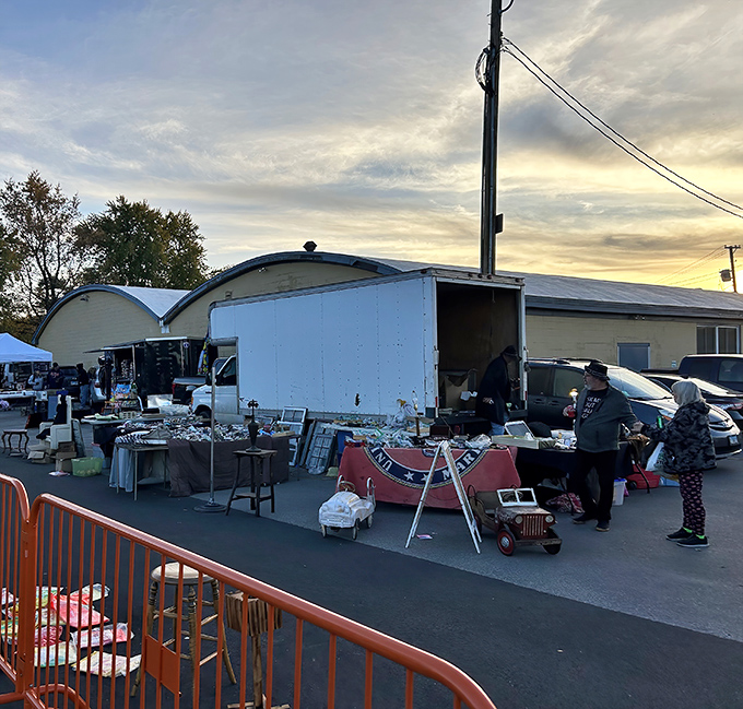 Midnight treasure hunt! Shoppers browse illuminated booths at Wheaton's famous after-hours market, where sleep is optional and finds are essential.