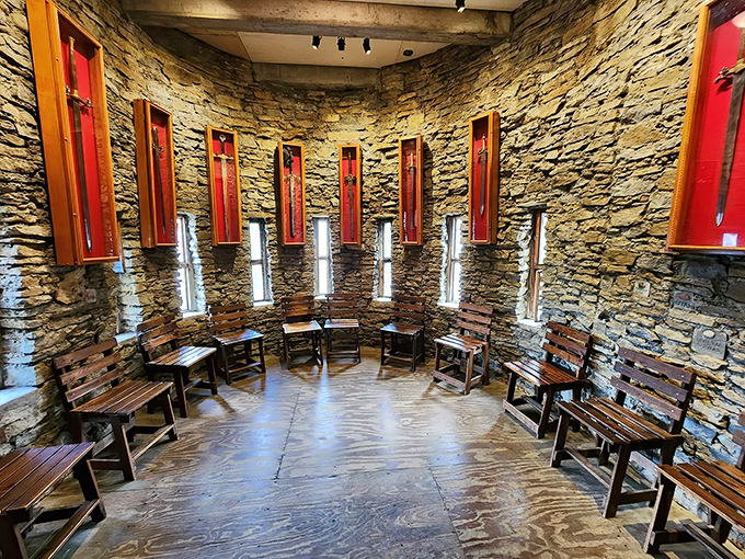 Inside, red banners and stone walls create an atmosphere where knights once gathered for important discussions.