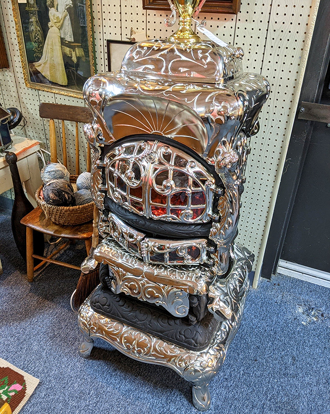 This ornate parlor stove isn't just heating equipment&mdash;it's Victorian home theater, where families once gathered before Netflix existed.