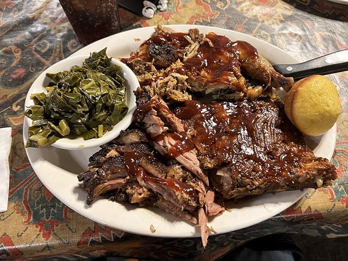 A barbecue plate that answers the eternal question: "Why choose one meat when you can have three?" Collard greens provide the illusion of healthfulness.