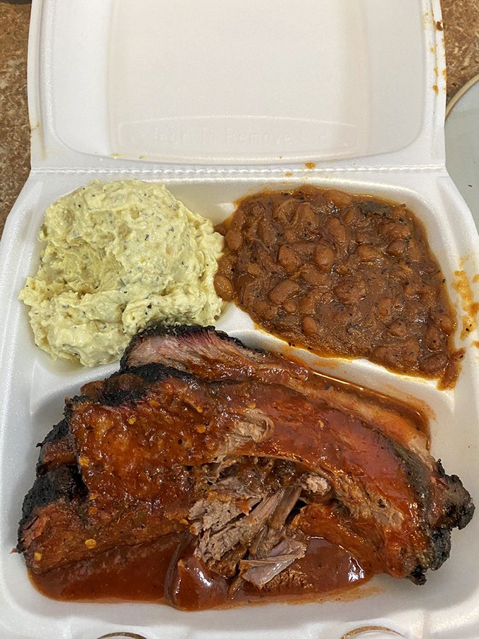 The BBQ holy trinity&mdash;tender meat, creamy potato salad, and those baked beans that have clearly been hanging out with the brisket all day.