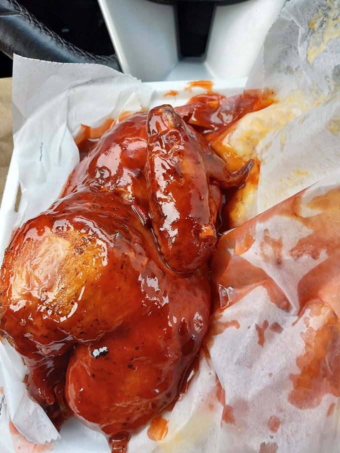 BBQ chicken so glossy you could check your reflection in it. That sauce doesn't just coat the chicken &ndash; it becomes one with it.