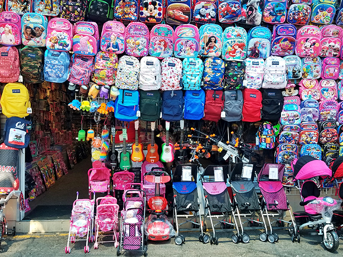 Backpack heaven for back-to-school shoppers! Every cartoon character and color imaginable stands ready for classroom adventures.