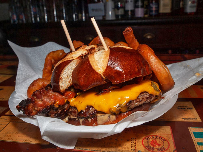 A burger worth crossing state lines for - notice how the pretzel bun, melted cheese and bacon create a holy trinity of comfort food perfection.