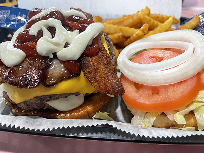 Some burgers merely satisfy hunger; this one sparks joy. Those caramelized toppings and melty cheese are performing a culinary standing ovation.