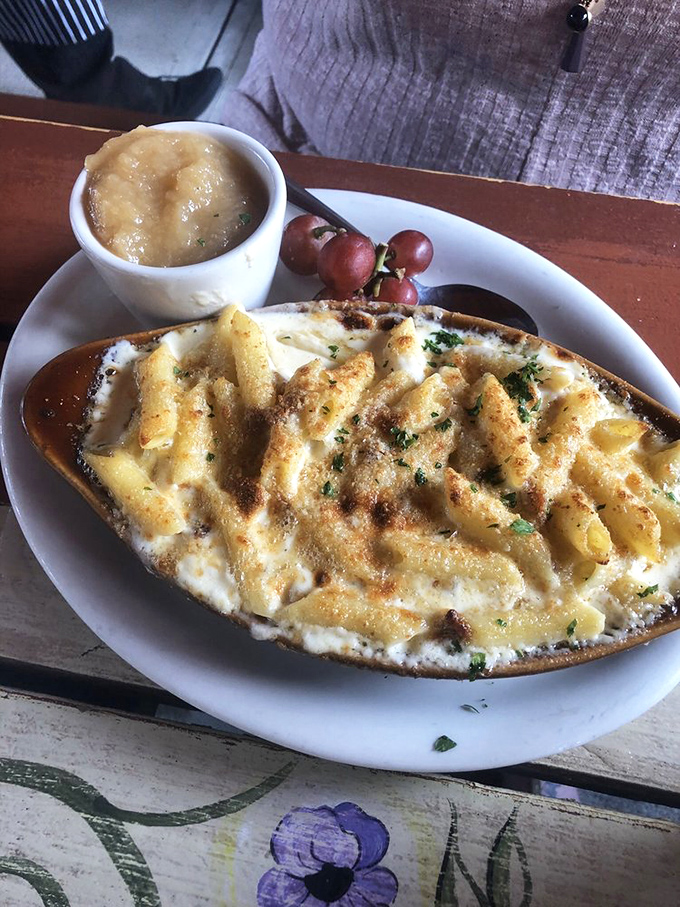 Mac and cheese that would make an Italian grandmother weep with joy. Bubbling cheese, perfectly cooked pasta, and a side of applesauce for balance.