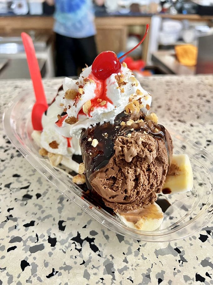 The banana split – where indecision becomes a virtue and "I'll have everything" is perfectly acceptable ordering strategy.