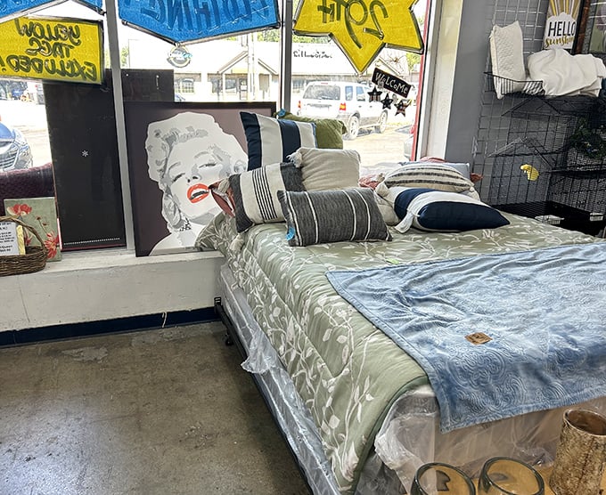 Even bedroom furniture finds new life here, waiting patiently for its next chapter.