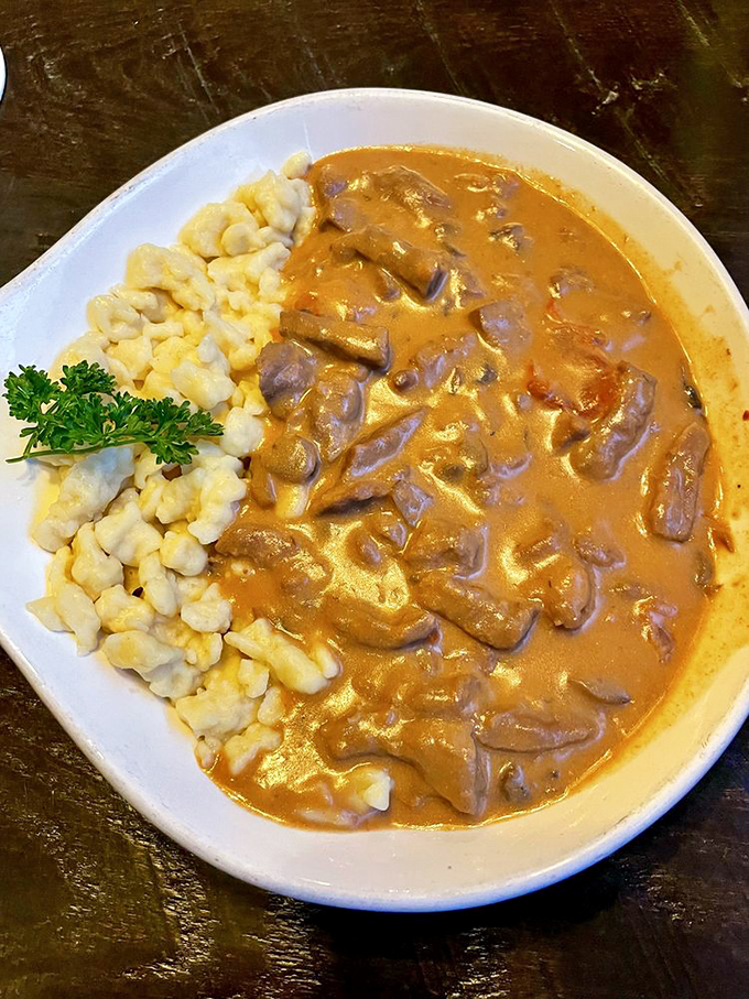 Beef Stroganoff meets spätzle in this beautiful marriage of flavors. The sauce alone should be bottled and sold as a luxury item.