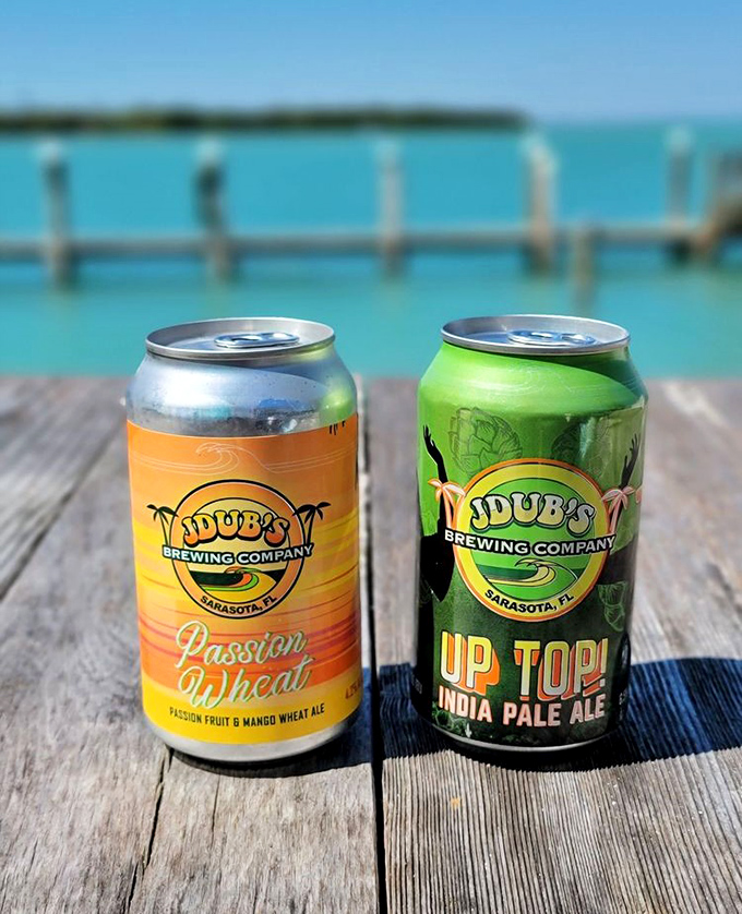 Cold local craft brews from JDub's with that million-dollar view. When the beer label matches the water color, you know you're doing Florida right.