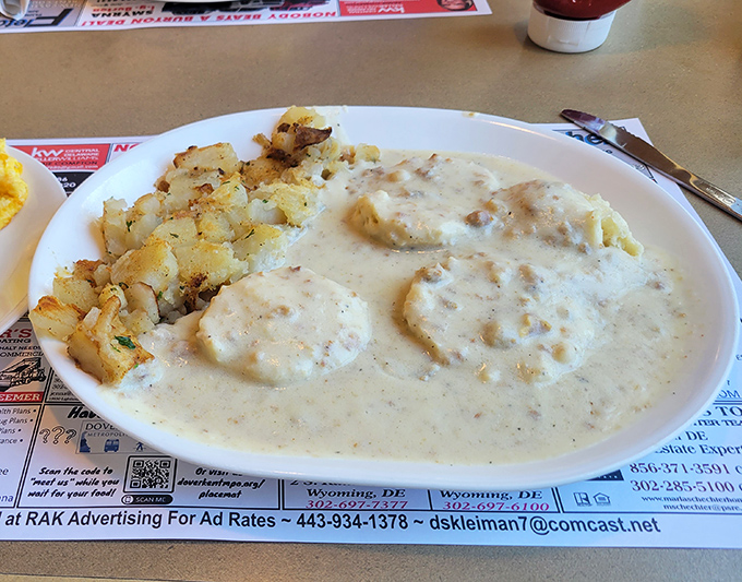 Biscuits swimming in peppery sausage gravy alongside golden home fries&mdash;the breakfast equivalent of a warm hug from an old friend.