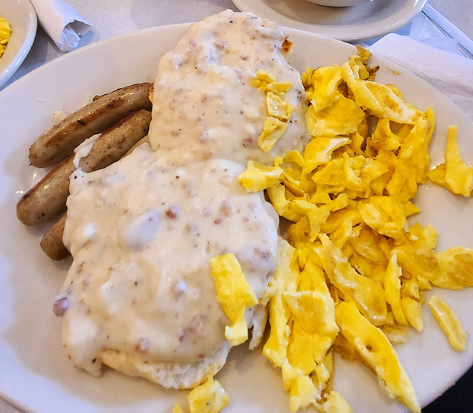 When a plate of biscuits and gravy comes with sausage links and scrambled eggs, you know you're not leaving hungry&mdash;or vertical.
