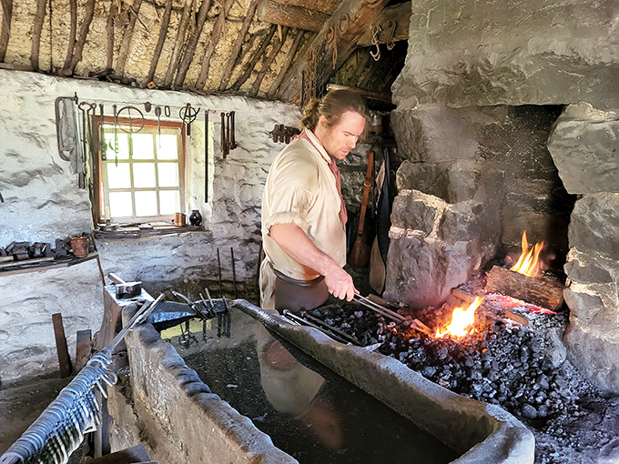 Where there's smoke, there's history. A skilled interpreter demonstrates blacksmithing techniques that were essential to frontier survival and prosperity.
