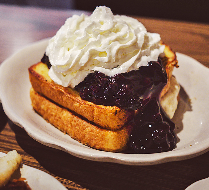 Blueberry-stuffed French toast crowned with whipped cream&mdash;where breakfast crosses into dessert territory and nobody's complaining.