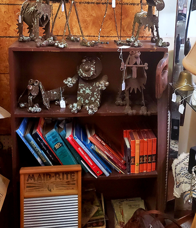 Not just a bookshelf but a museum of metal critters and vintage reads&mdash;where else can literature and quirky art coexist so perfectly?