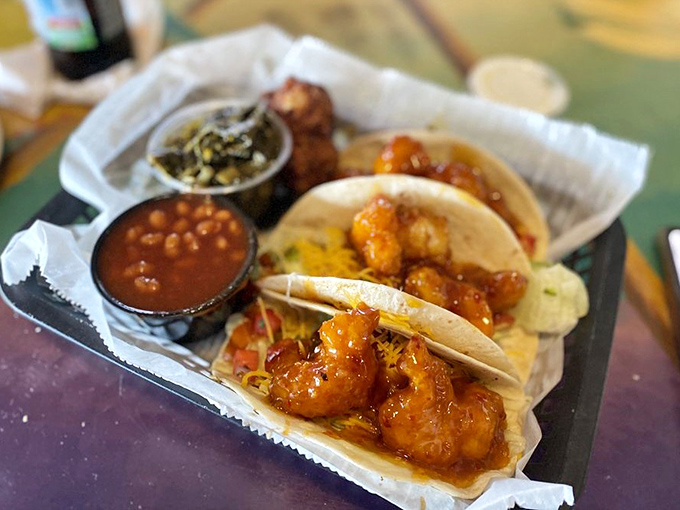 Boom Boom Shrimp Tacos &ndash; where Gulf shrimp get dressed up in their spicy best. The beans and slaw provide the perfect backup singers.