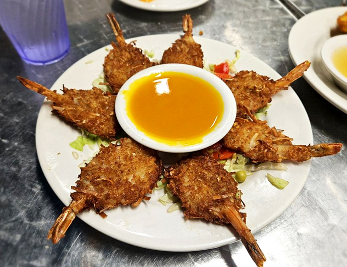 These coconut shrimp form a perfect golden circle, like a delicious solar system with dipping sauce at its center. Astronomy never tasted so good.