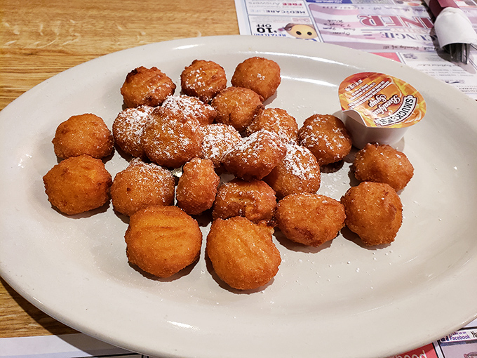 Sweet little islands of breaded scallop perfection dusted with powdered sugar – the ocean and dessert having a delicious conversation.