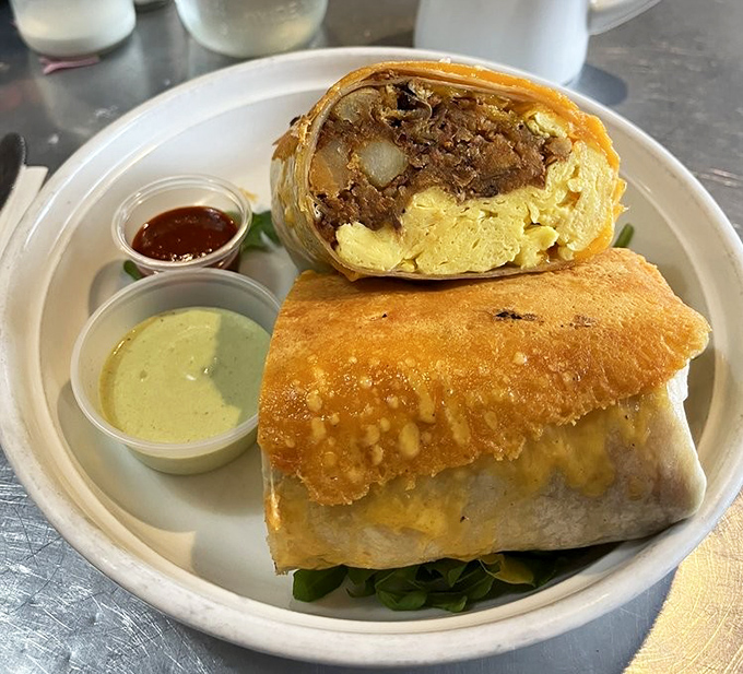 Breakfast burritos so perfectly constructed they could teach architecture classes. That cross-section reveals the golden ratio of eggs to fillings.