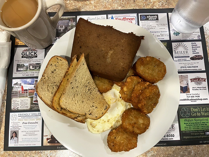 A breakfast platter that means business. That scrapple is the Pennsylvania Dutch equivalent of a secret handshake&mdash;locals know exactly what to do with it.