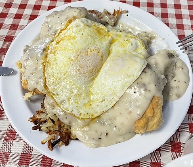 When breakfast goes all in. Eggs, gravy, and hash browns creating the kind of plate that makes you cancel lunch plans immediately.