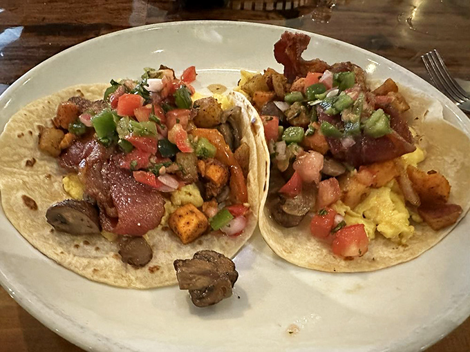 Breakfast tacos stuffed with such abundance they require engineering degrees to eat without spillage &ndash; worth every delicious mishap.