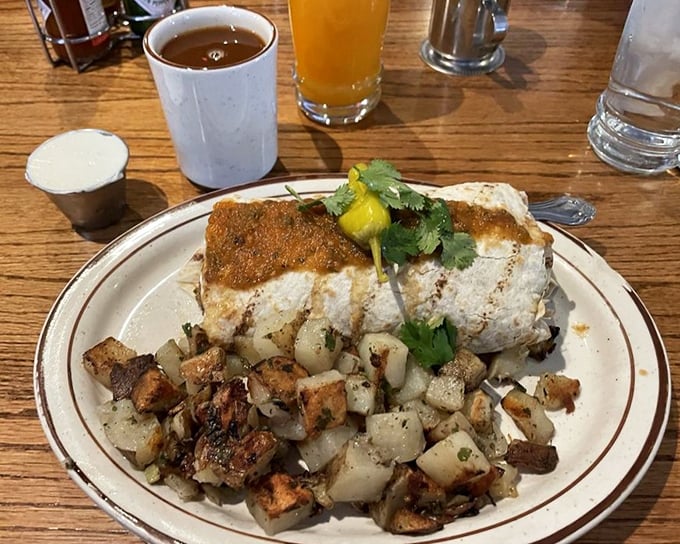 The breakfast burrito – where morning ingredients get wrapped up tighter than the plot of a good mystery novel, with potatoes playing a delicious supporting role.