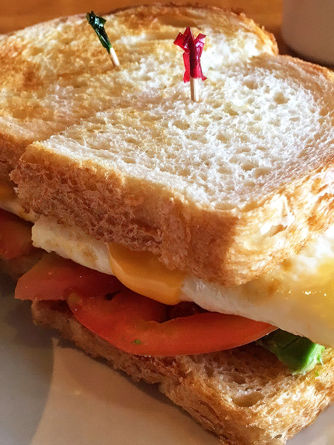 The humble breakfast sandwich, elevated to art form. Those colorful toothpicks aren't just functional—they're tiny flags celebrating breakfast victory.