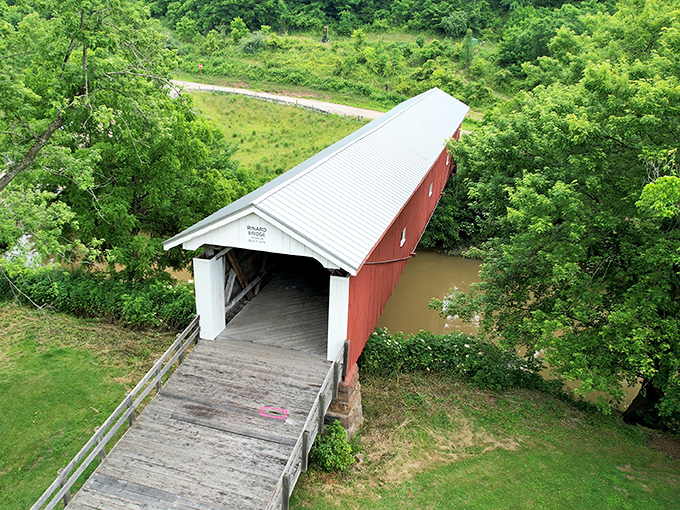 Aerial views reveal how this bridge sits in the landscape like a perfectly placed piece of Americana.