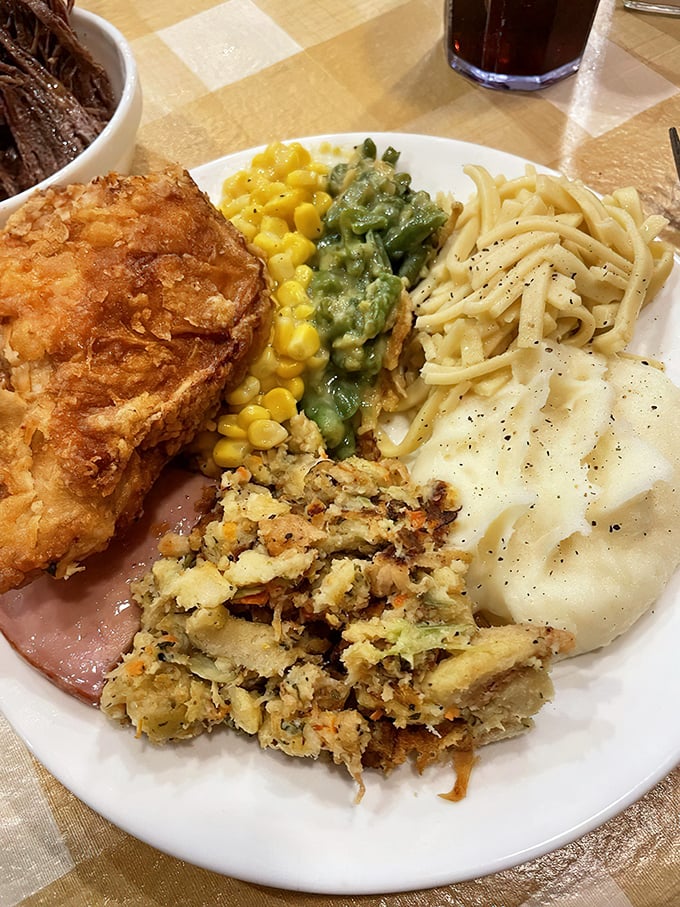A plate that tells the story of Midwestern abundance&mdash;where fried chicken, buttery noodles, and vegetables coexist in perfect harmony.